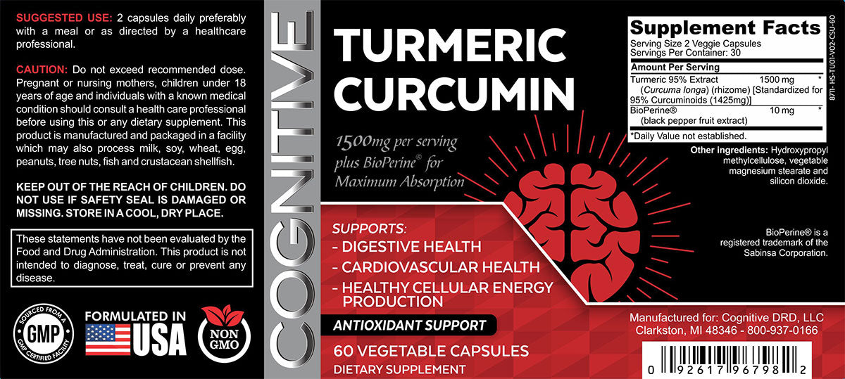 Cognitive Turmeric-Curcumin w/ BioPerine NON GMO - 60 Capsules ...